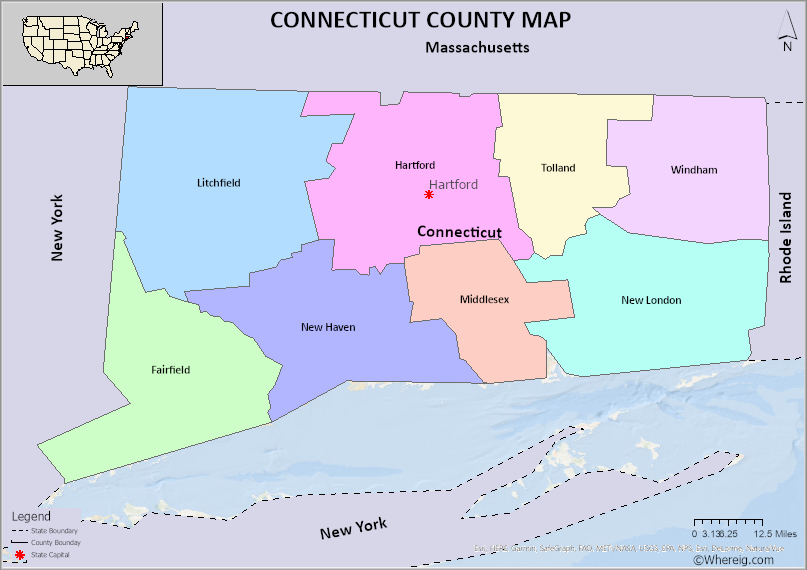 Connecticut County Map List Of 8 Counties In Connecticut And Seats